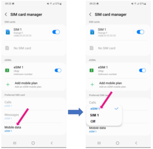 How to switch between physical SIM card and eSIM profile on my Android device?